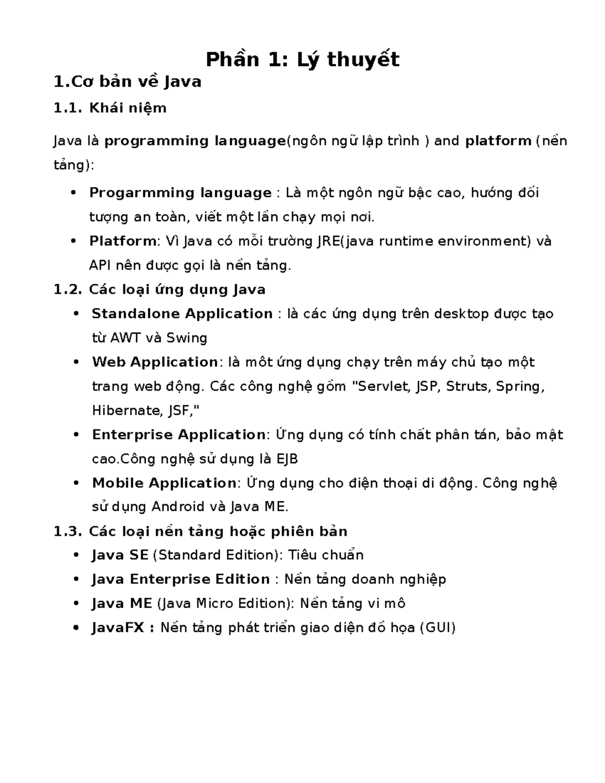 Pham Thanh Tung 2020602363 - Phần 1: Lý thuyết 1ơ bản về Java Khái niệm Java là programming ...