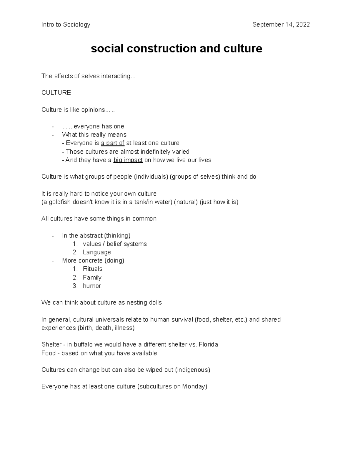 Social construction and culture - Intro to Sociology September 14, 2022 ...