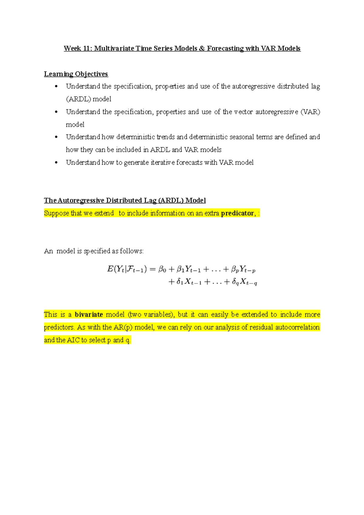 Week 11 Multivariate Time Series Models And Forecasting With Var Models As With The Arp Model