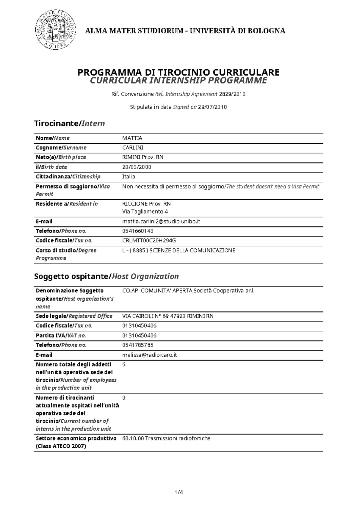 Programma Tirocinio - Riassunto breve - PROGRAMMA DI TIROCINIO ...