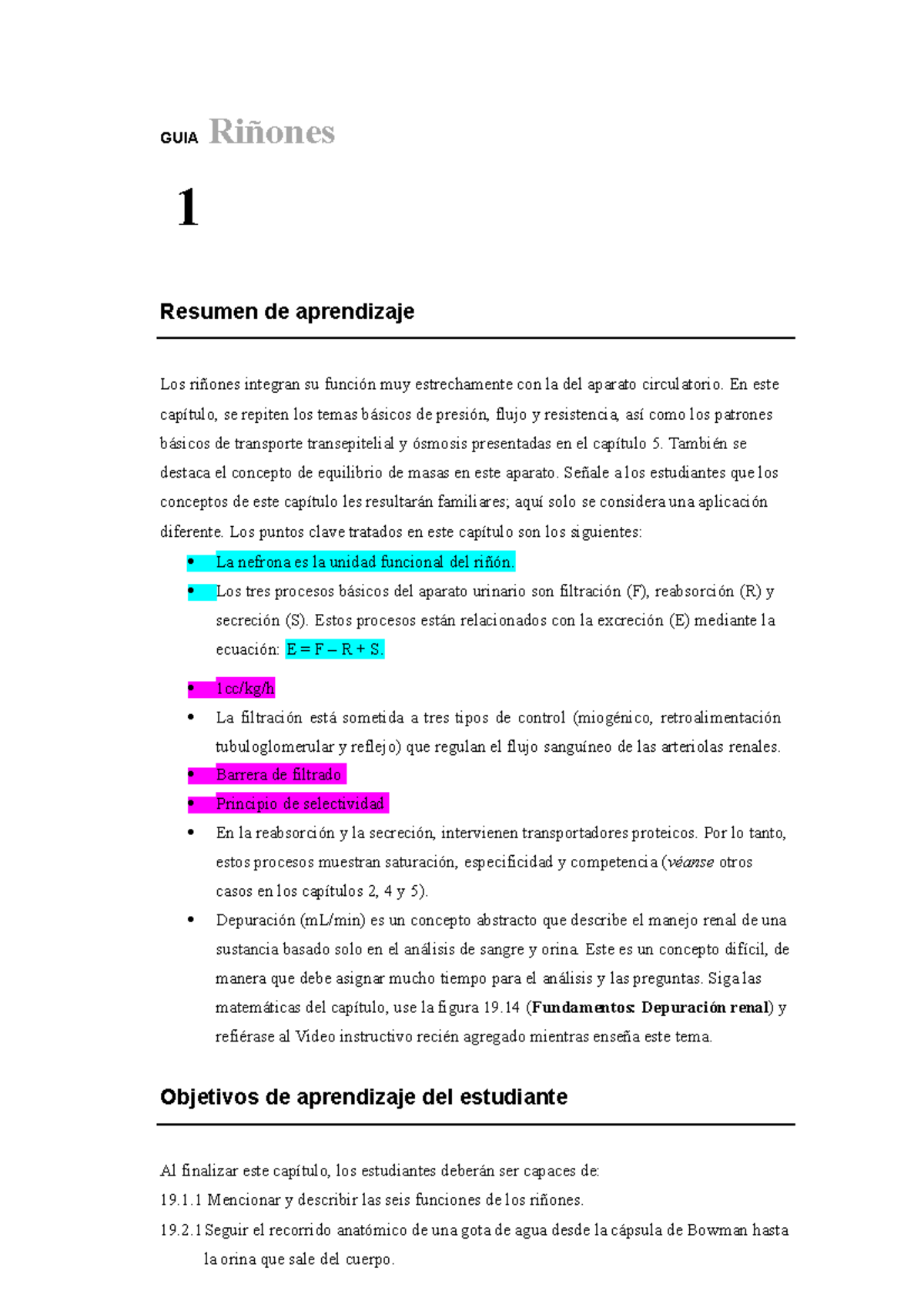 GUIA- Riñones - guia renal - GUIA Riñones 1 Resumen de aprendizaje Los ...