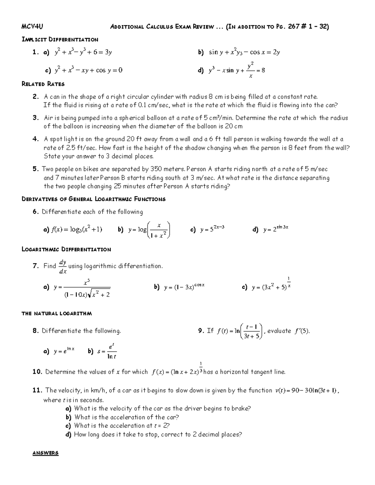 Extra Review Handout - Differentiate each of the following with respect ...