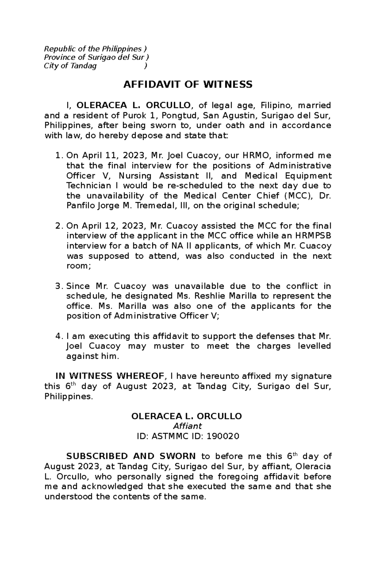 Affidavit of WItness Orcullo - Republic of the Philippines ) Province ...