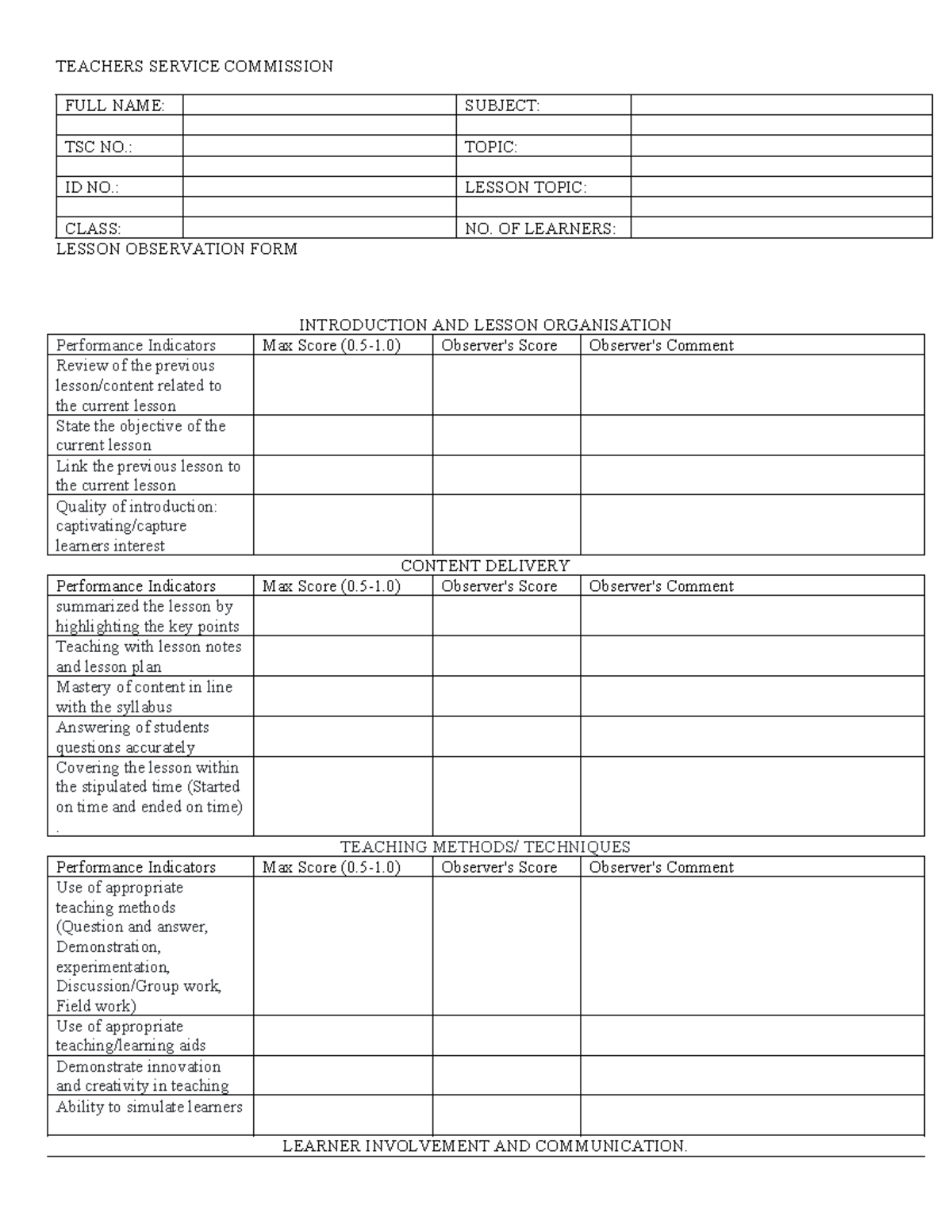 LOF FORM - jhkiuuuggg - TEACHERS SERVICE COMMISSION FULL NAME: SUBJECT ...