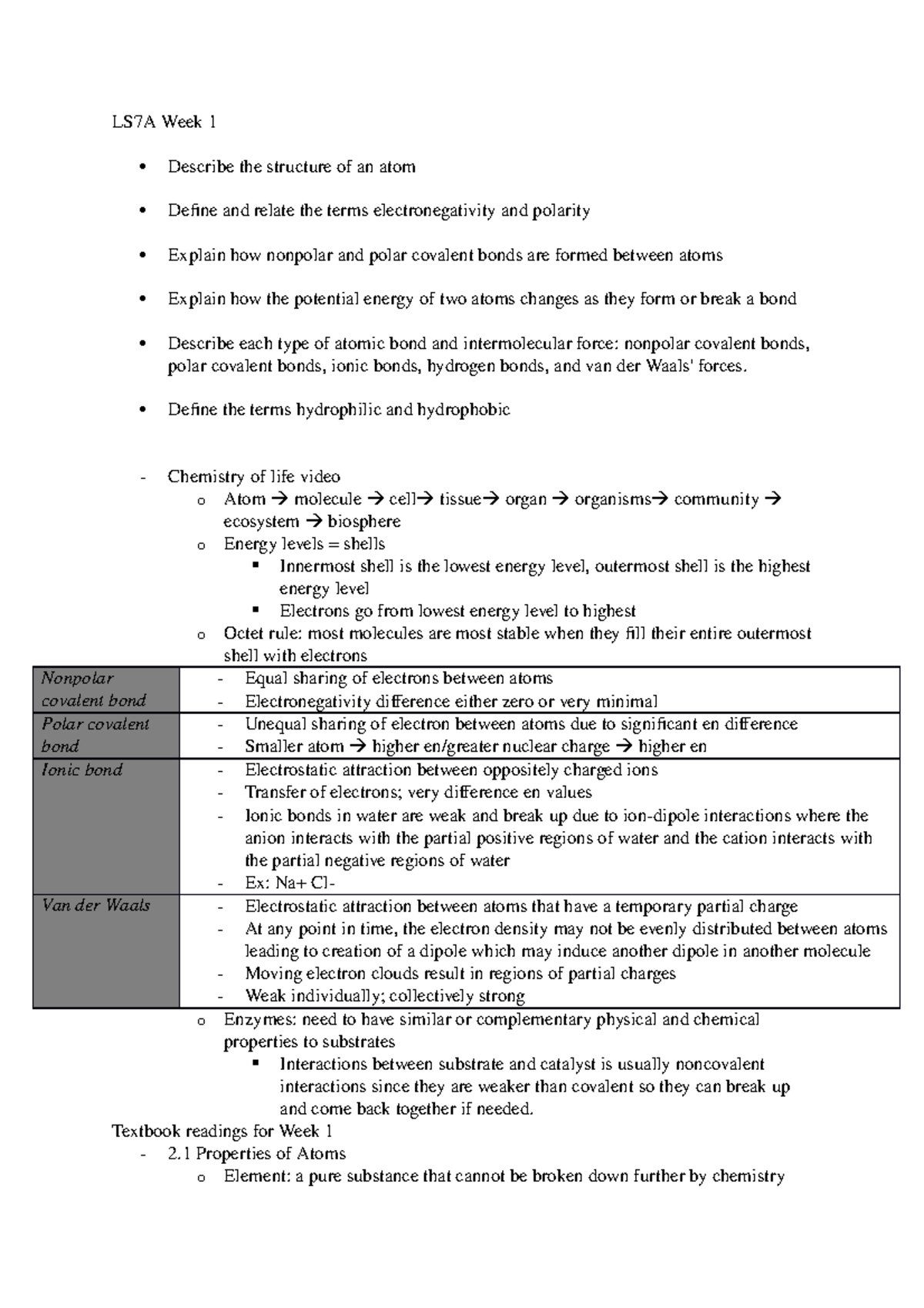 Bio notes - Summary Cell & Molecular Biology - LS7A Week 1 Describe the ...