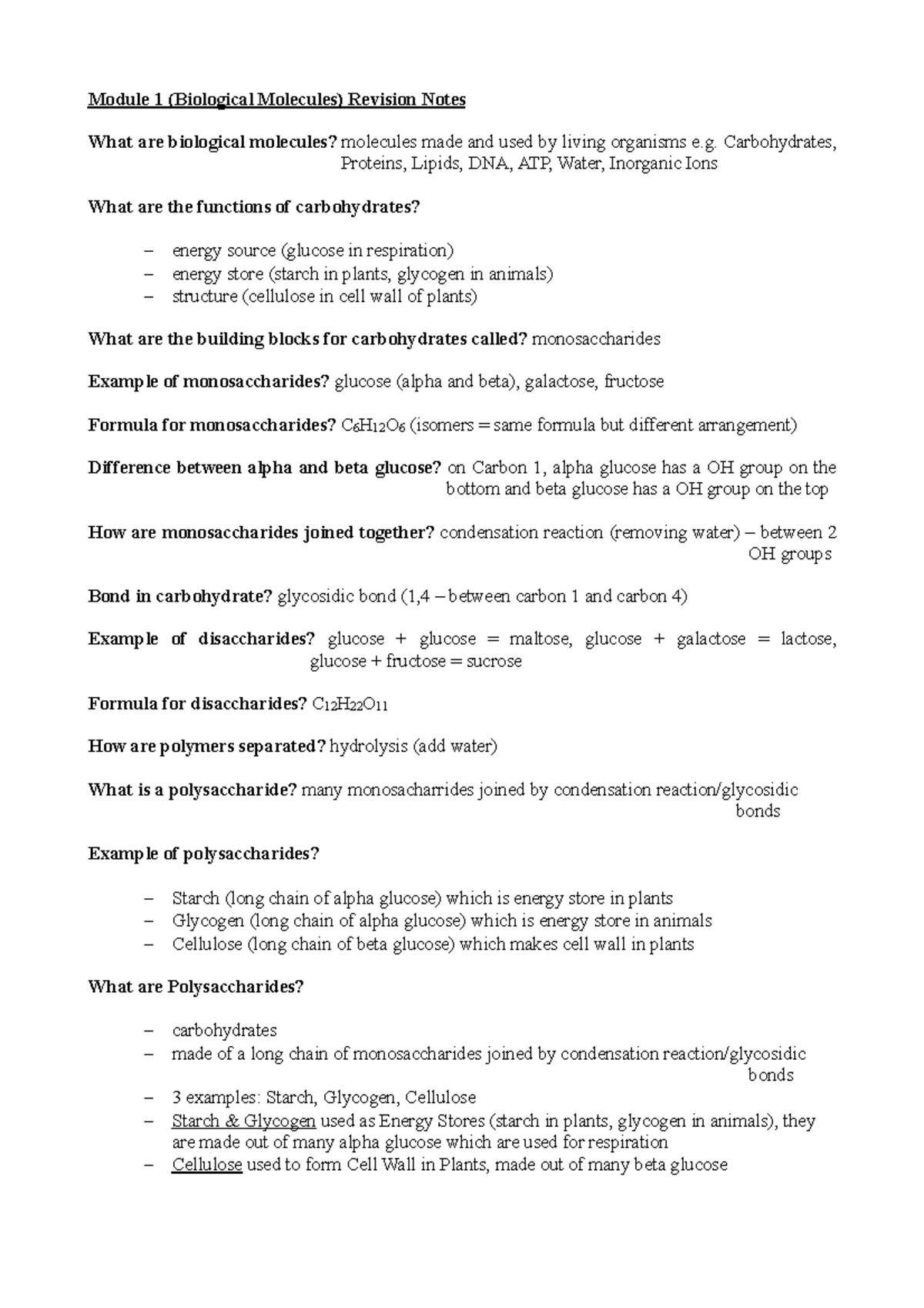 Biology 1 - Lecture notes 1 - Module 1 (Biological Molecules) Revision ...