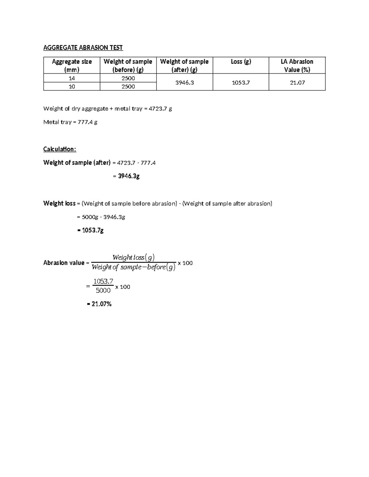Aggregate Abrasion TEST DATA - AGGREGATE ABRASION TEST Aggregate size ...