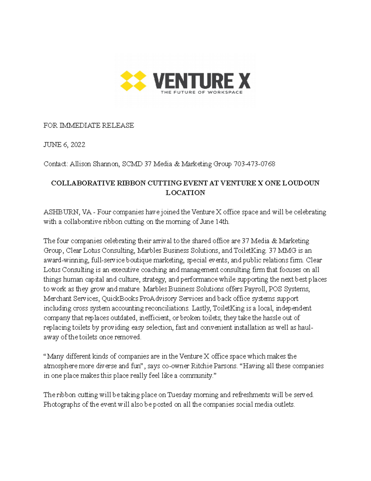 Press release outline - FOR IMMEDIATE RELEASE JUNE 6, 2022 Contact ...