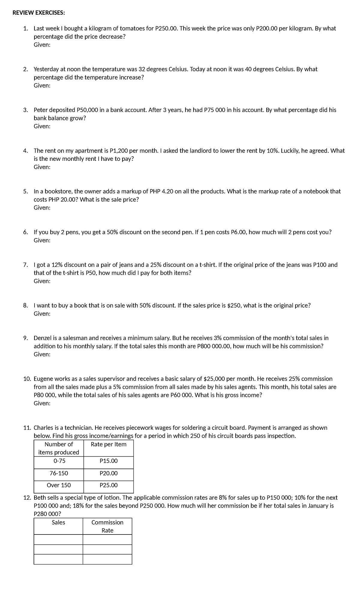 Chavez Review- Exercises MATH-7 - REVIEW EXERCISES: Last week I bought ...