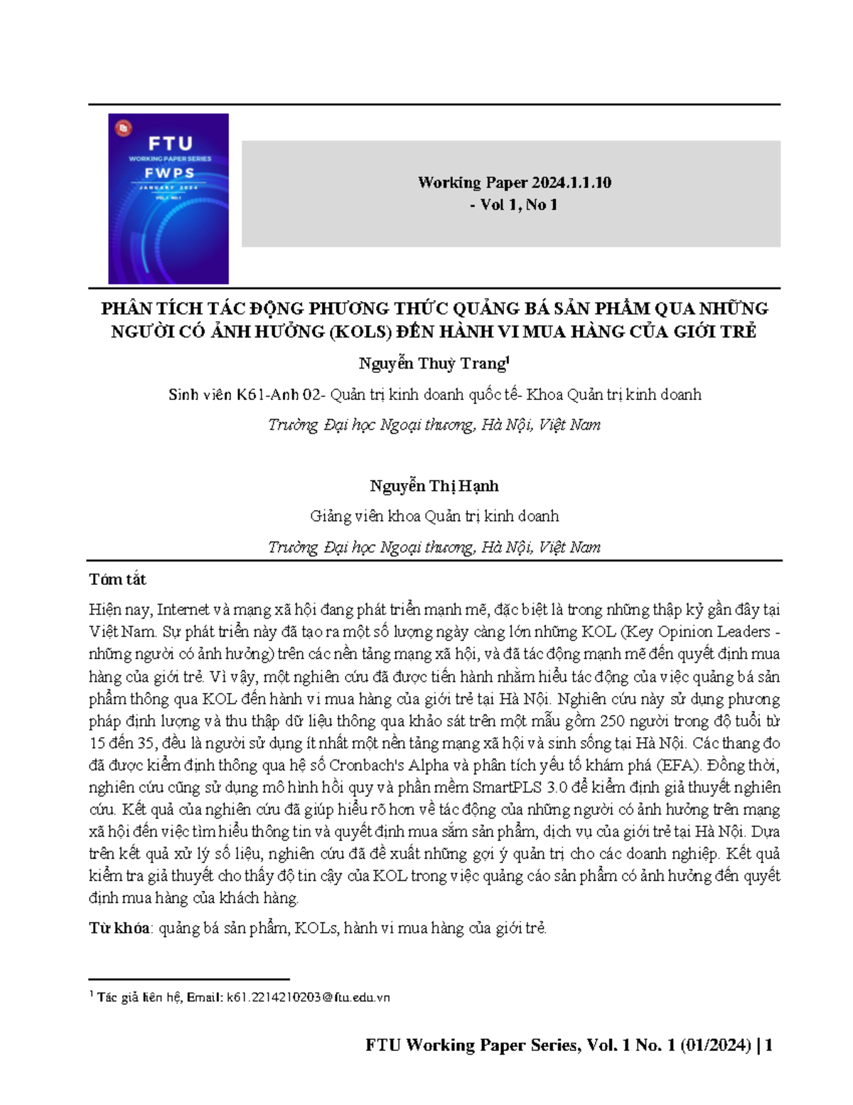 FWPS Vol 1 No 1 Paper 10 - gfbghrtt - PHÂN TÍCH TÁC ĐỘNG PHƯƠNG THỨC QUẢNG BÁ SẢN PHẨM QUA NHỮNG ...