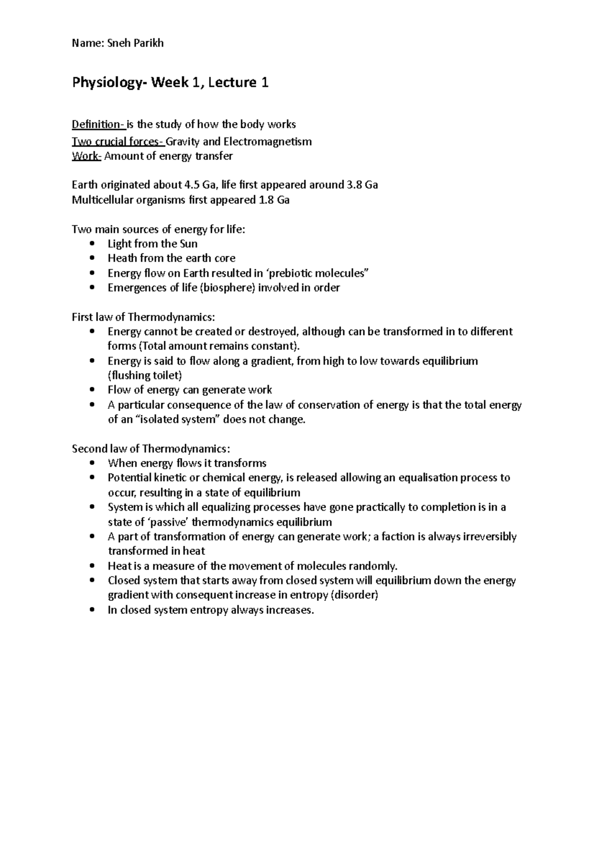 Physiology- Week 1, Lecture 1 - Name: Sneh Parikh Physiology- Week 1 ...