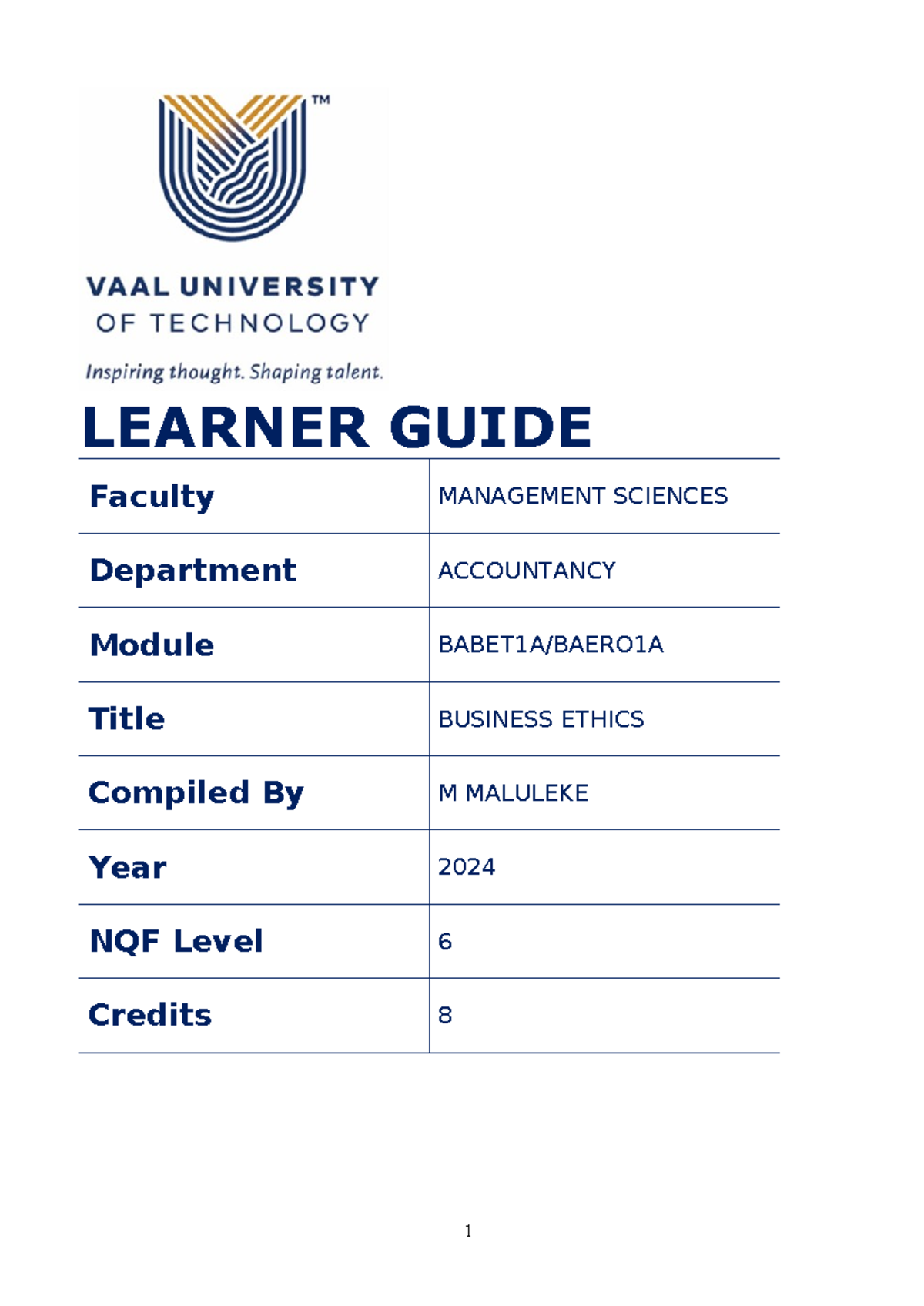 Baero 1A and Babet 1A Business Ethics Study guide 2024 - LEARNER GUIDE ...