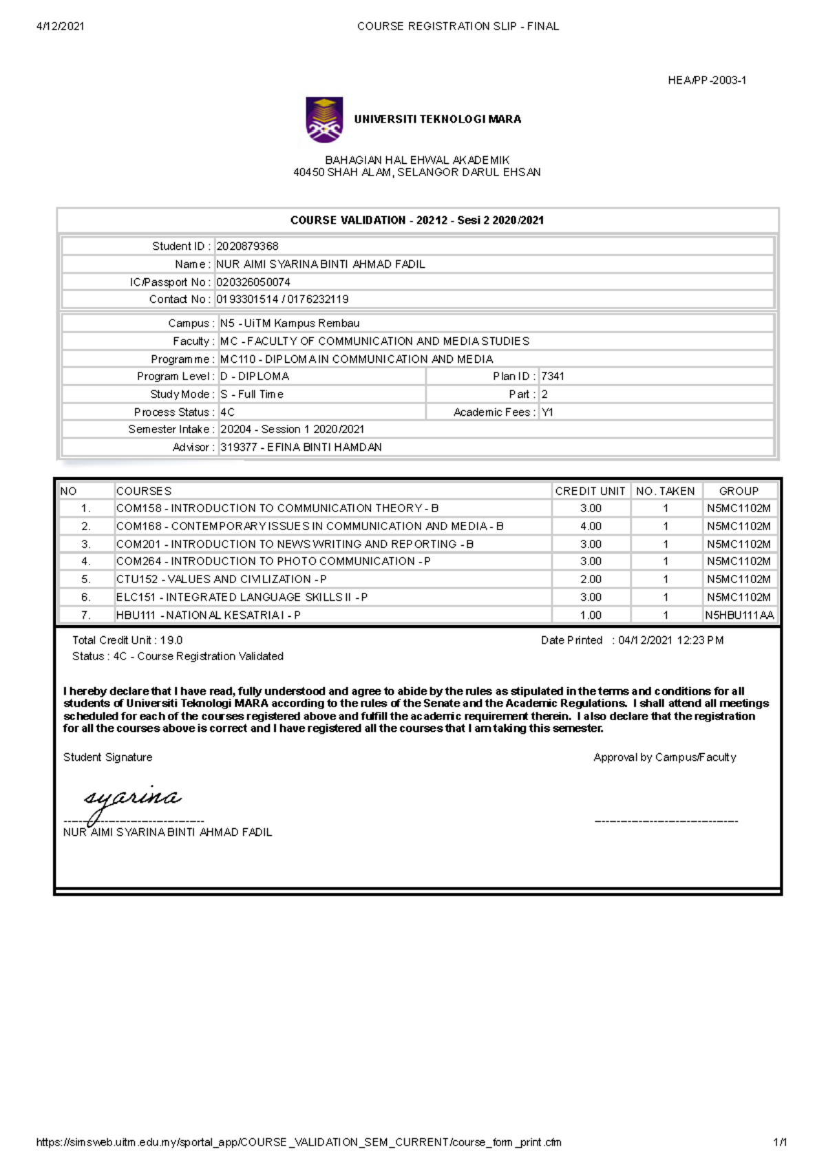 Course Registration SLIP - Final SEM2 - 4/12/2021 COURSE REGISTRATION ...
