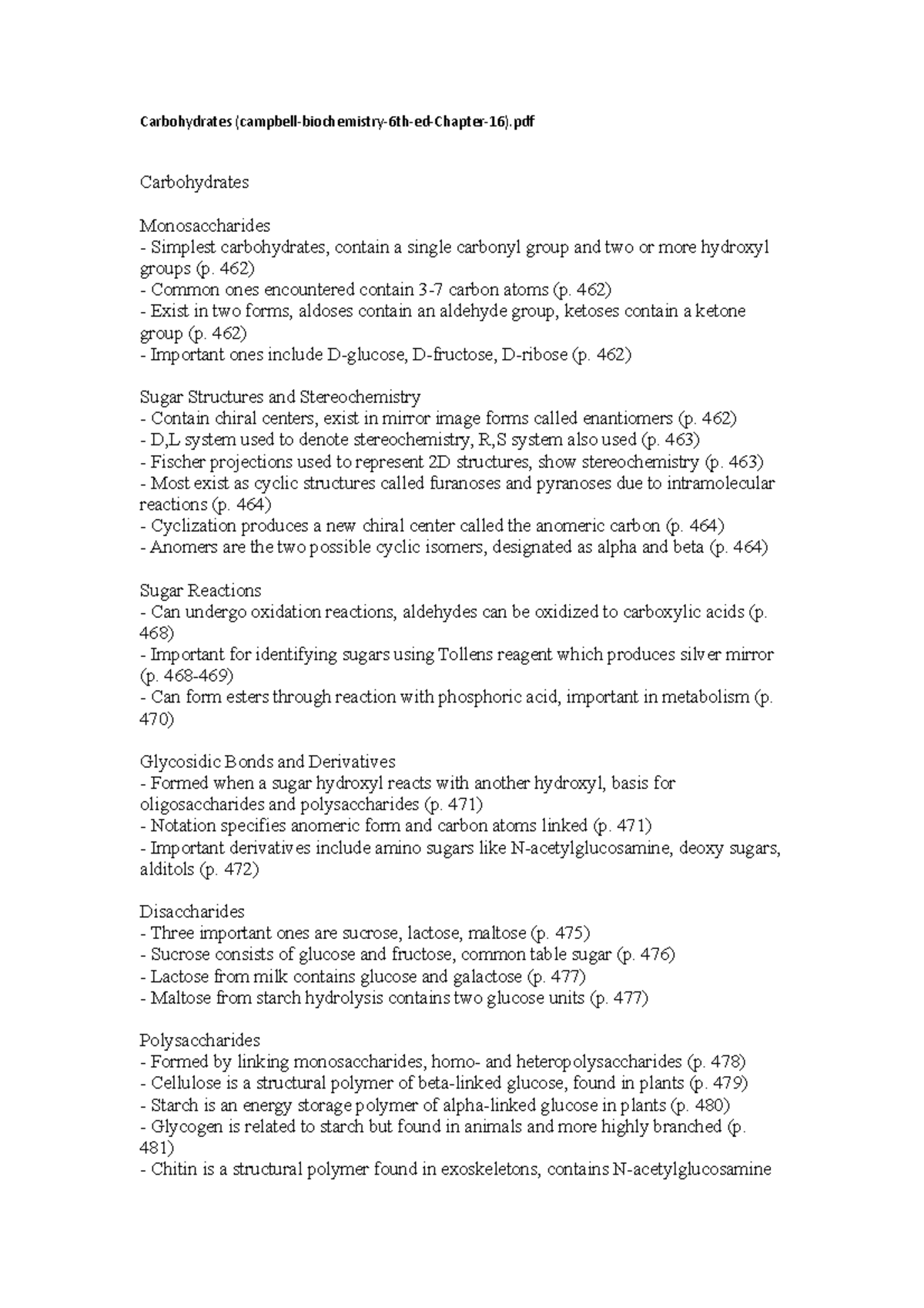 Carbohydrates - notes - Carbohydrates (campbell-biochemistry-6th-ed ...