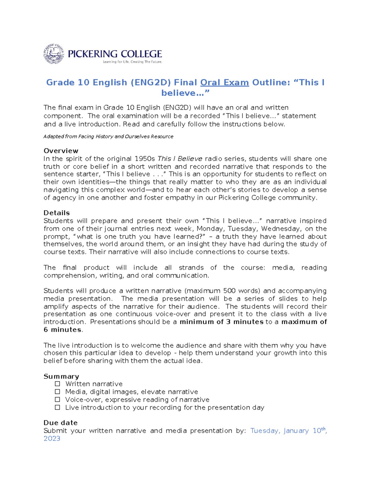 Benson - ENG2DFinal Oral Exam Outline 2022-2023 - Grade 10 English ...