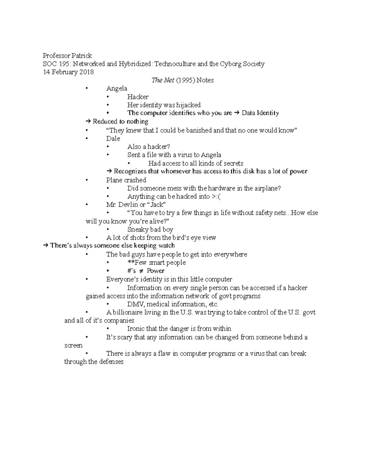 The Net (1995) Movie Notes - Professor Patrick SOC 195: Networked and ...