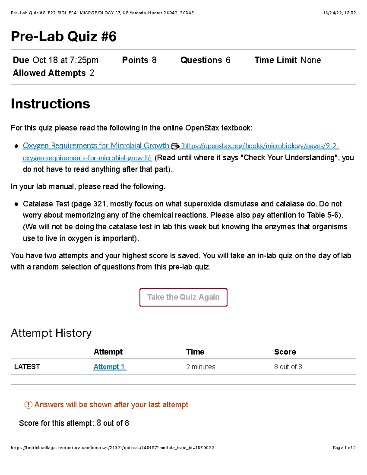 Pre-Lab Quiz #6 - Pre-Lab Quiz Due Oct 18 at 7:25pm Points 8 Questions ...