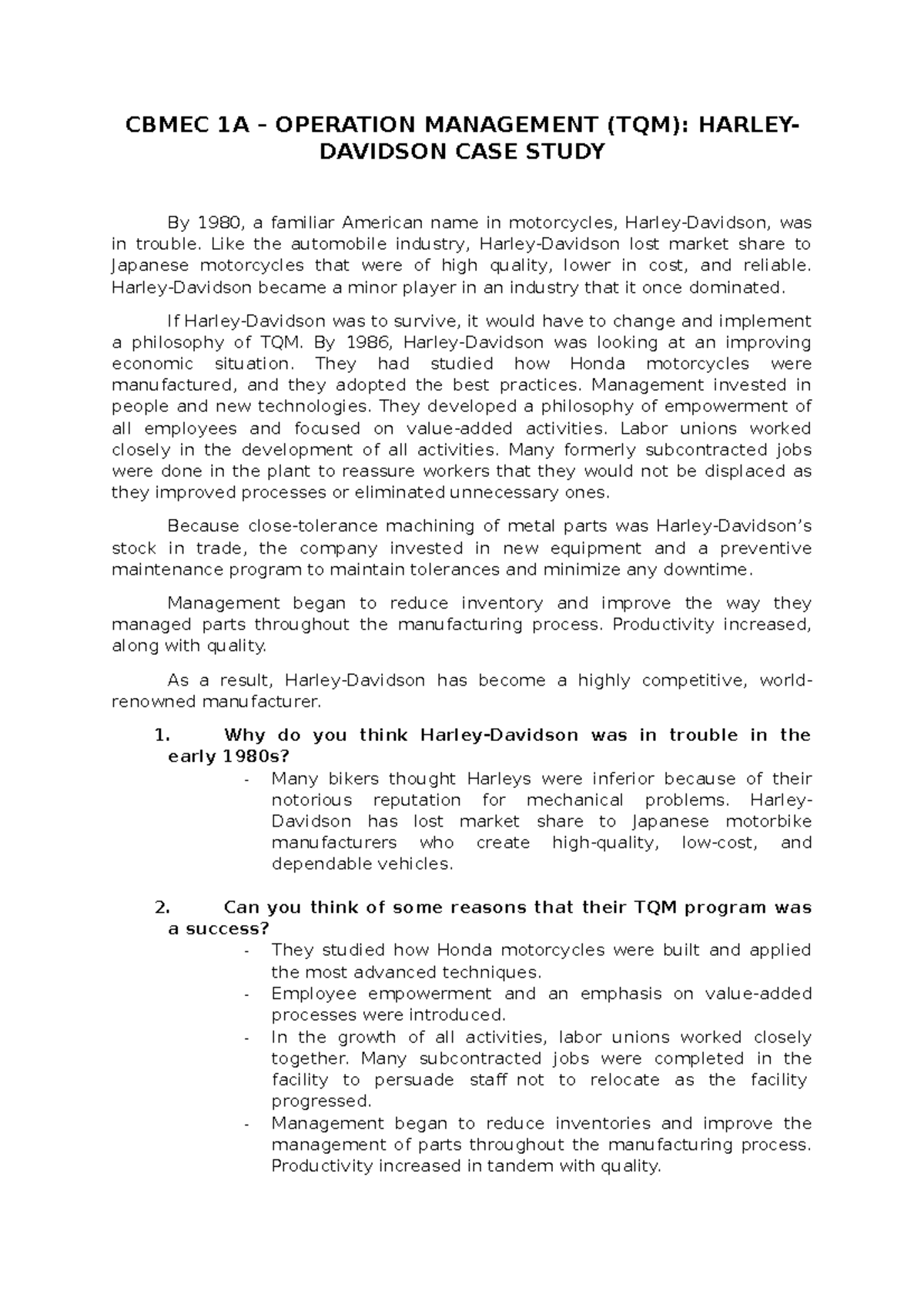CBMEC 1 – Operation Management - Harley- Davidson Case Study - CBMEC 1A – OPERATION MANAGEMENT ...