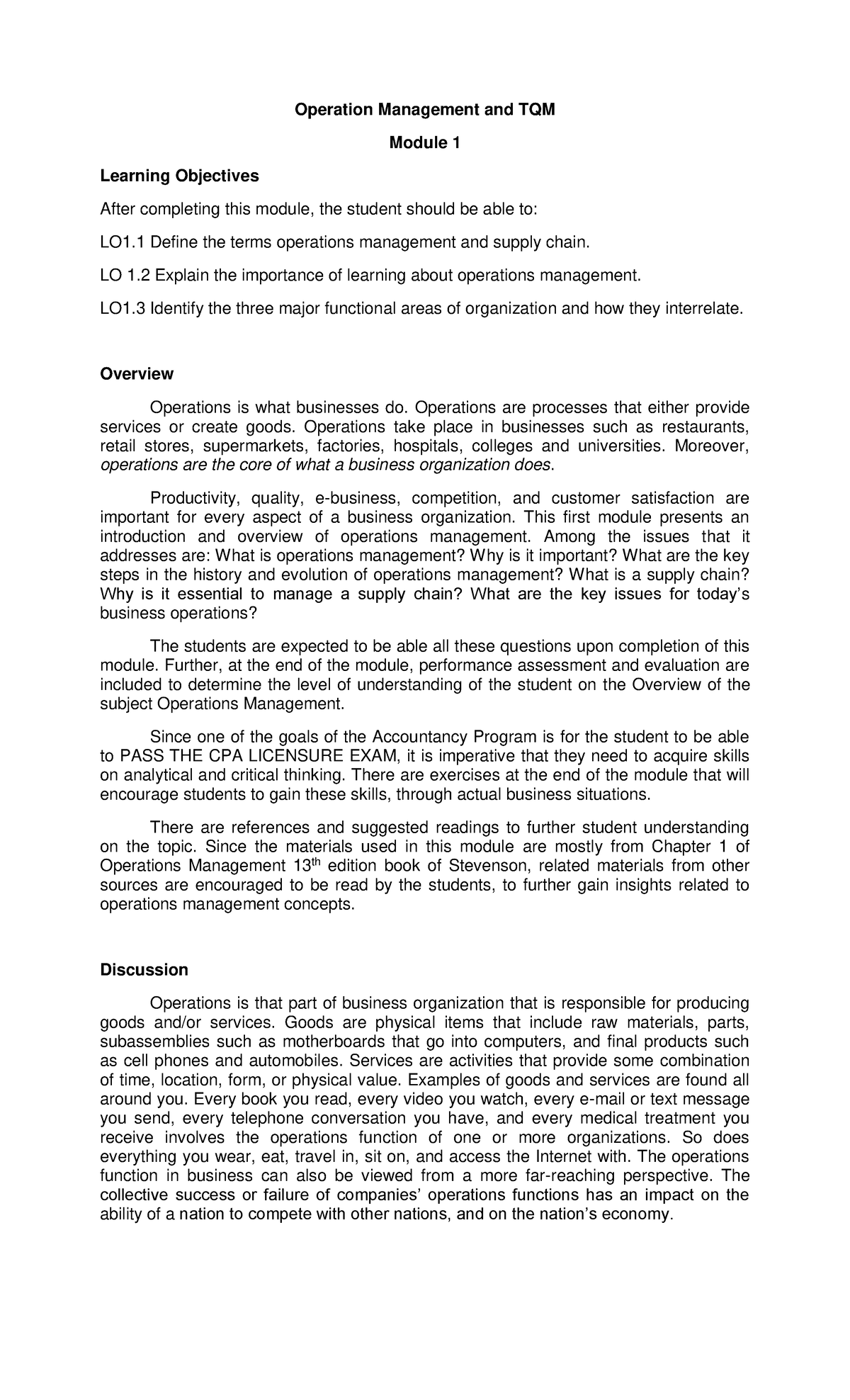 Operation Management and Total Quality Management Module 1 - BSA ...