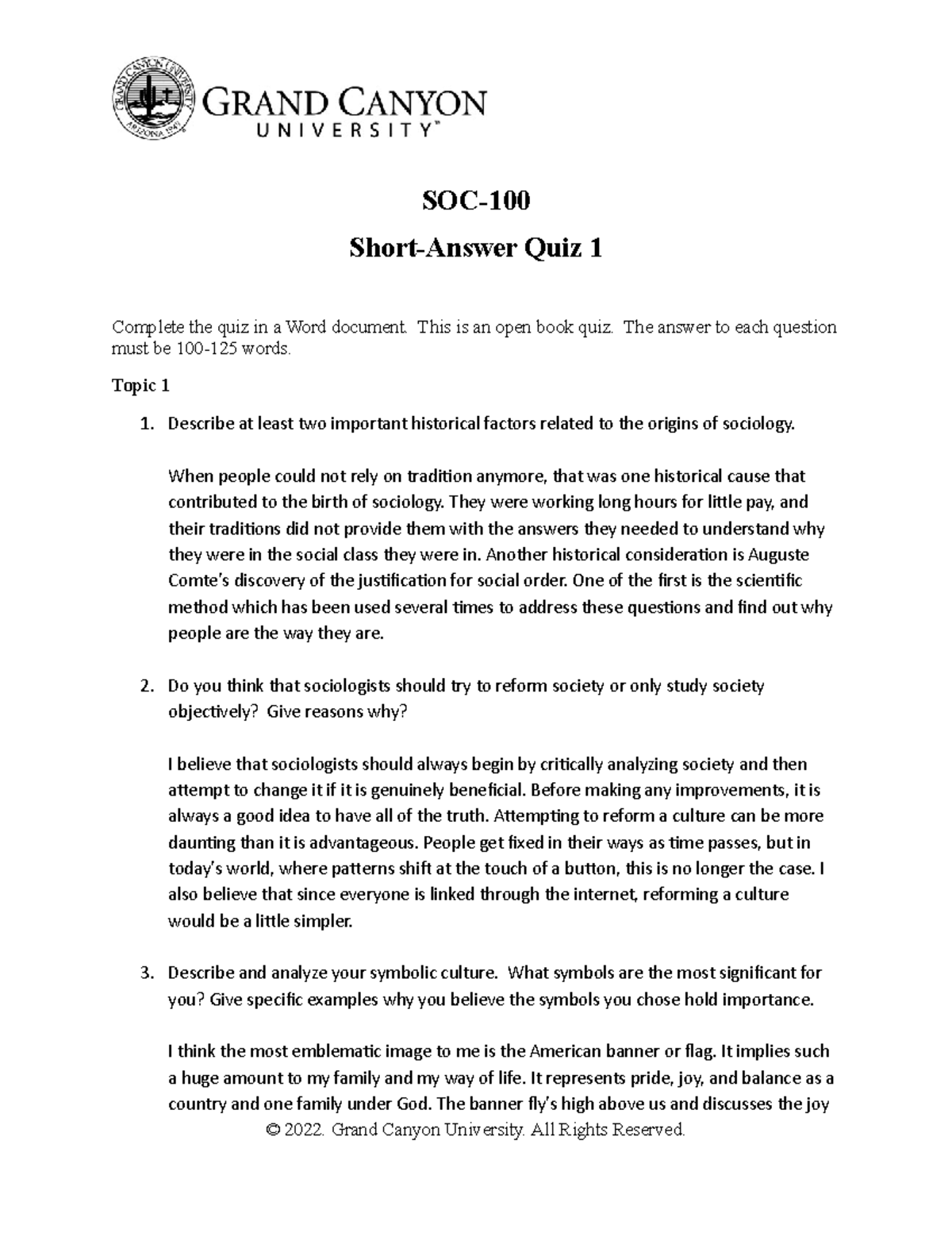 Soc-100 Topic 1 Week 1 Quiz - SOC- Short-Answer Quiz 1 Complete the ...