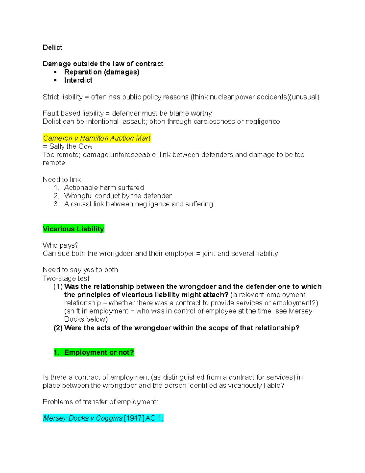 Delict - Lecture notes All - Delict Damage outside the law of contract ...