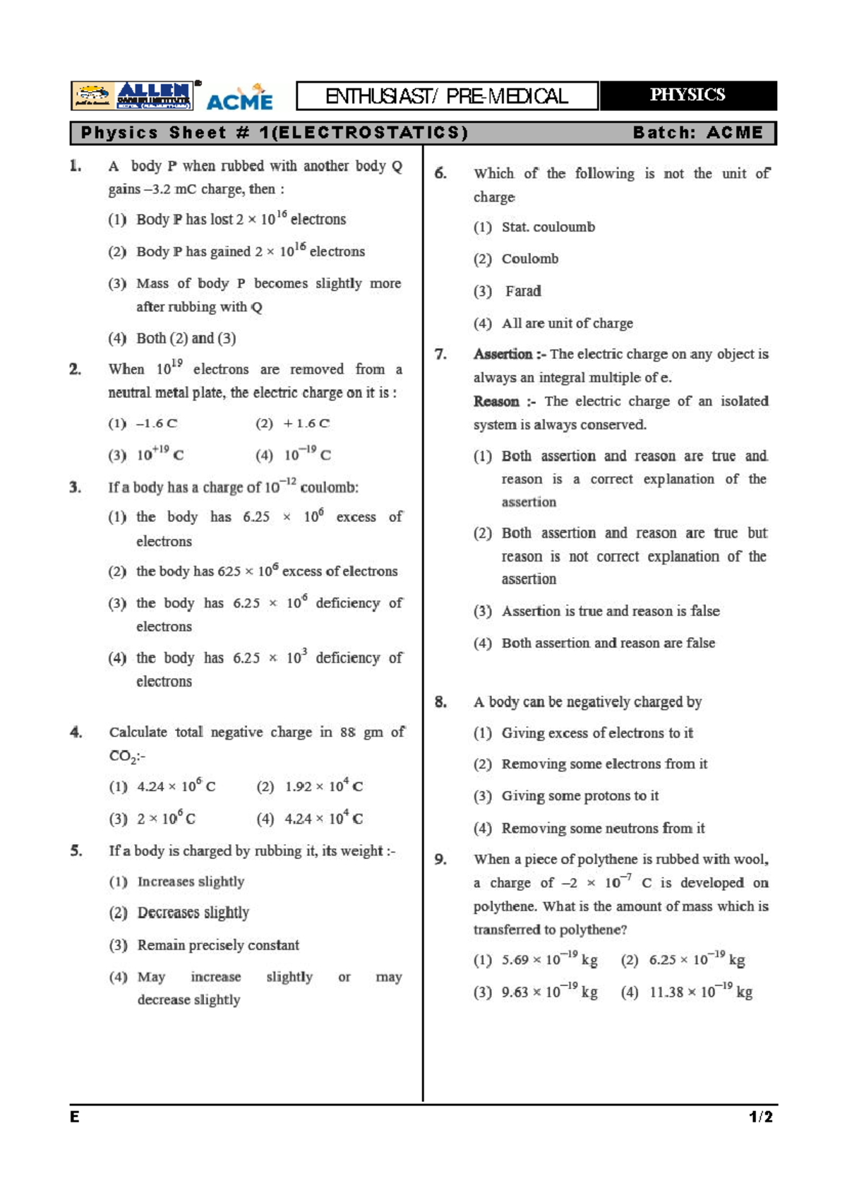 DPP-1 Electrostatics - Physics HL - E 1/ ENTHUSIAST/ PRE-MEDICAL PHYSICS Physics Sheet # - Studocu