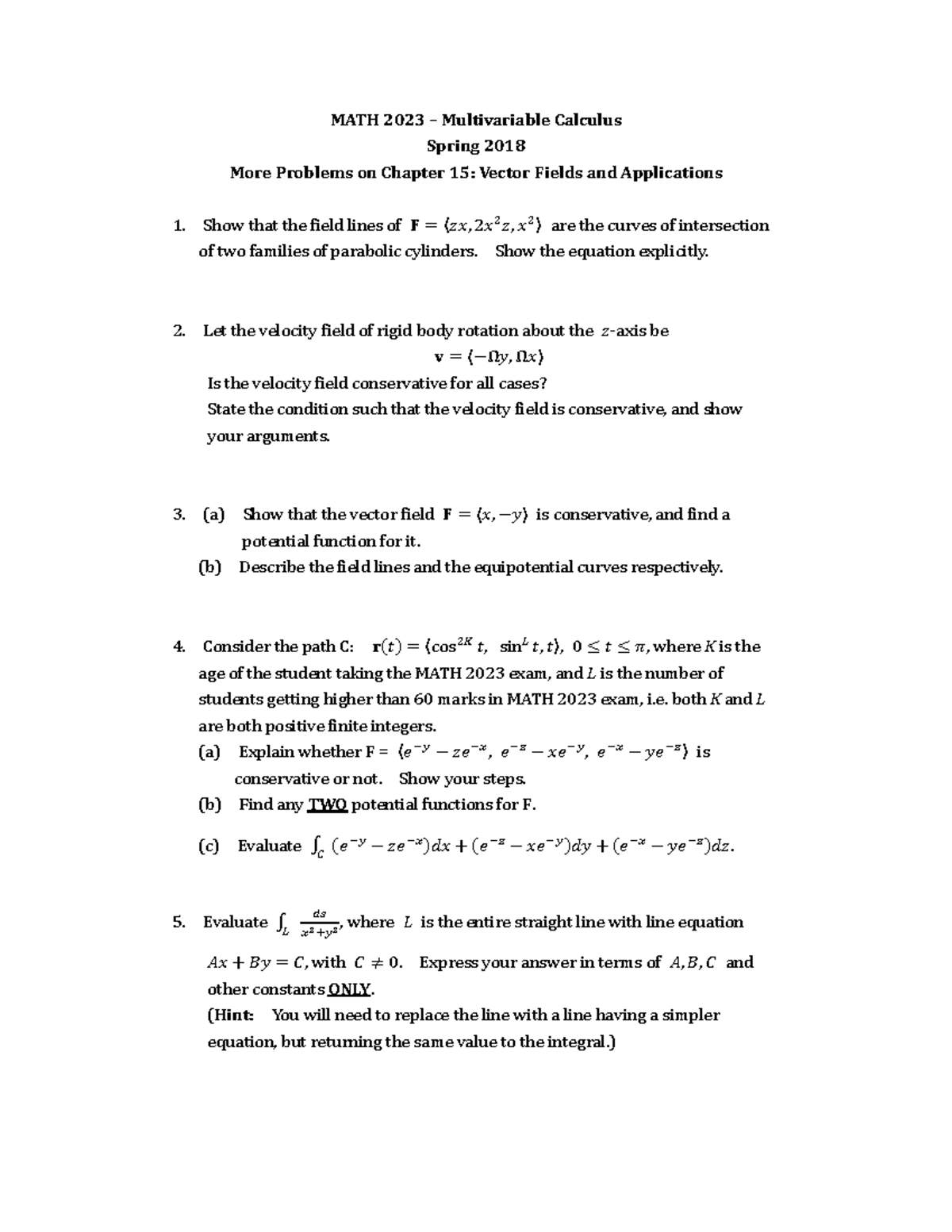 MATH 2023 Chapter 15 Extra Problems - MATH 2023 Multivariable Calculus ...