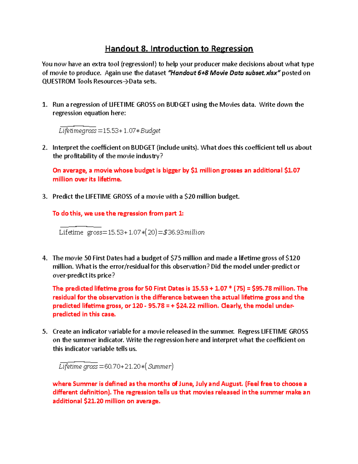 Solutions Handout 8 - Handout 8. Introduction to Regression You now ...