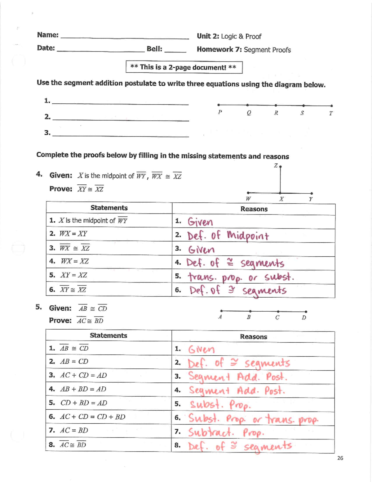 Geometry Honors Proofs Angles and Segments Answers - Name: Unit 2 ...