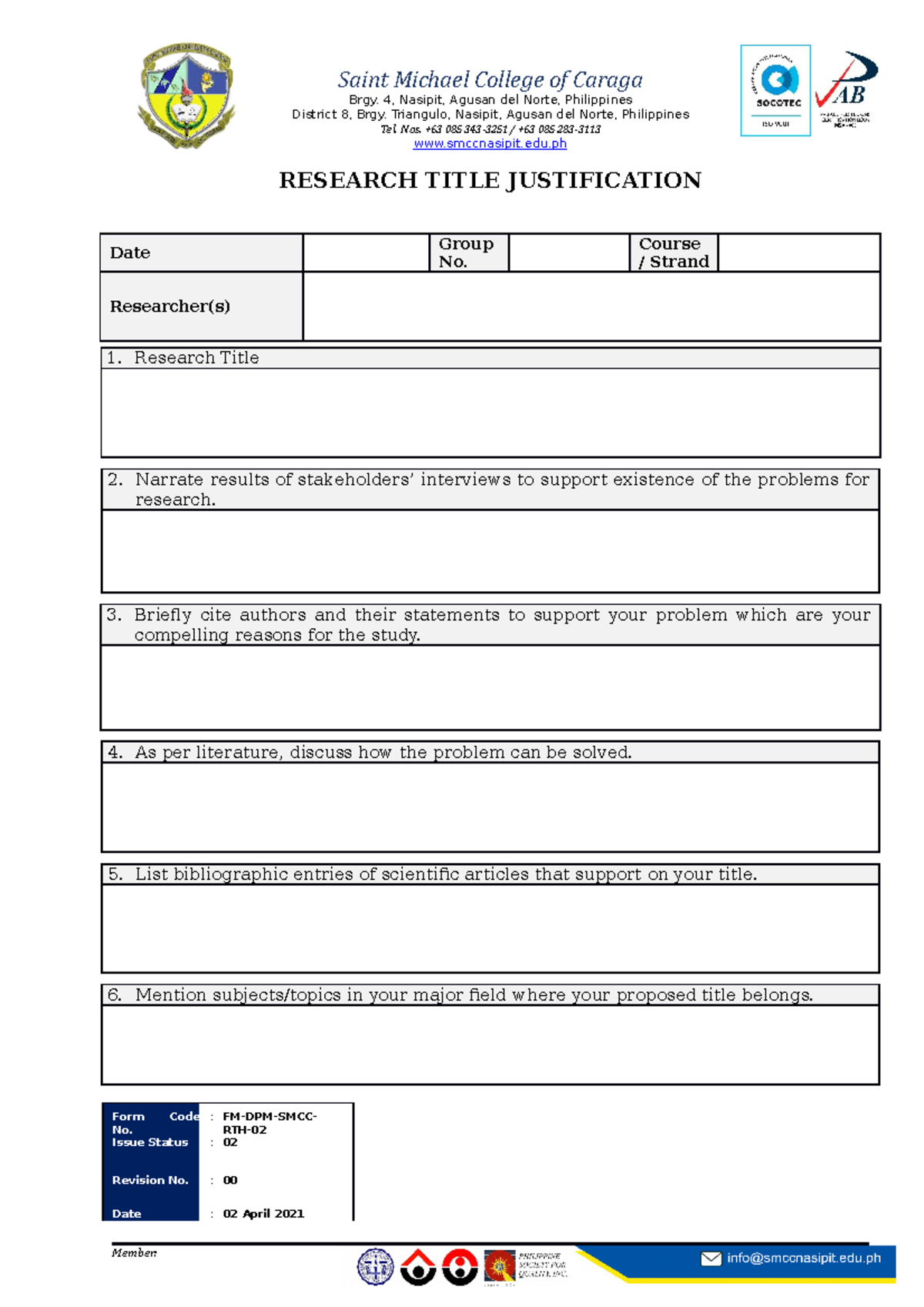 FM DPM SMCC RTH 02 Research Title Justification 2 - Saint Michael ...
