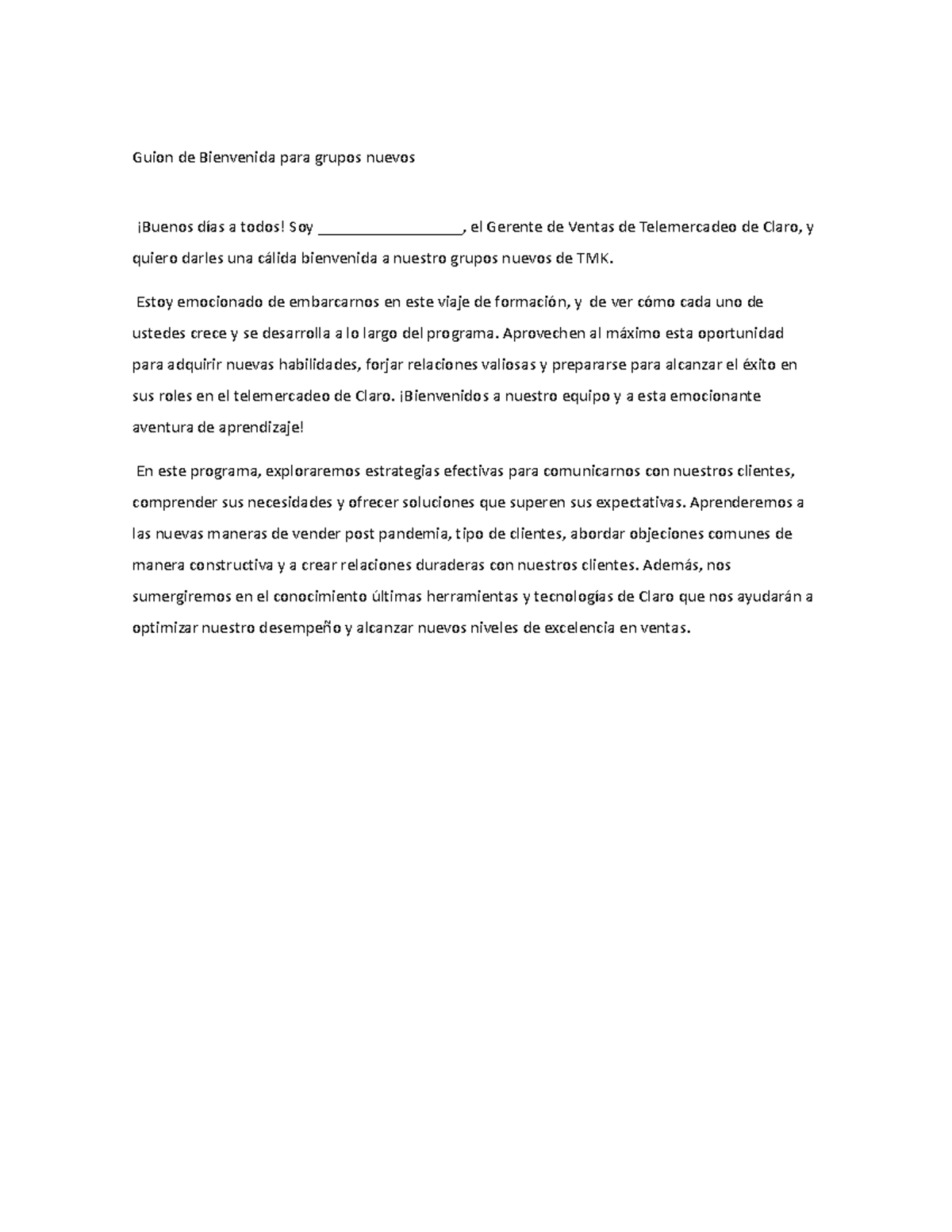 Guion de bienvenida - dfsdfsd - Guion de Bienvenida para grupos nuevos ...