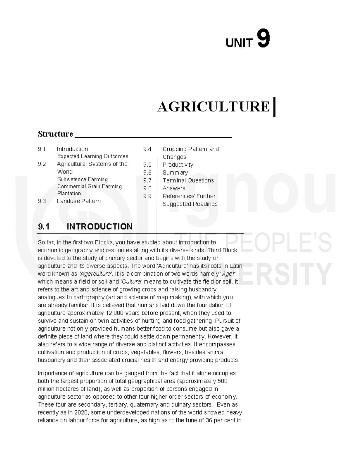 Unit-9 - UNIT 9 AGRICULTURE Structure 9 Introduction Expected Learning ...