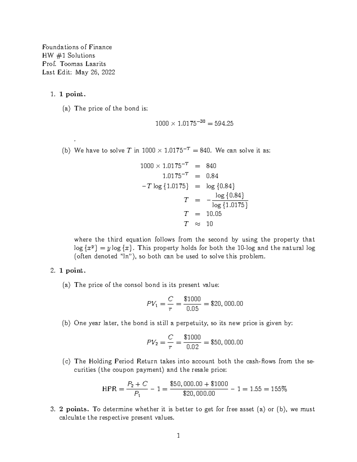 Hw1 Sols Notes Foundations Of Finance Hw 1 Solutions Prof Toomas 