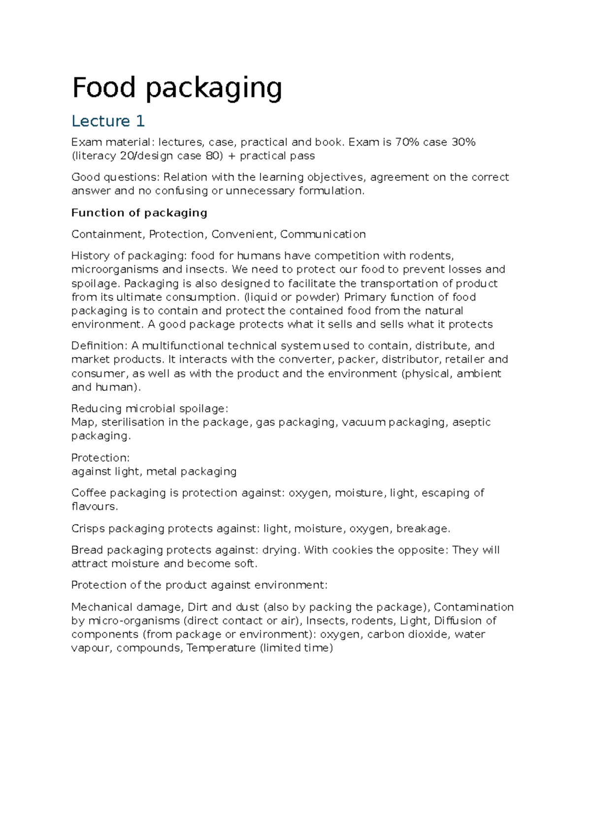 Food packaging 1th lecture - Food packaging Lecture 1 Exam material ...