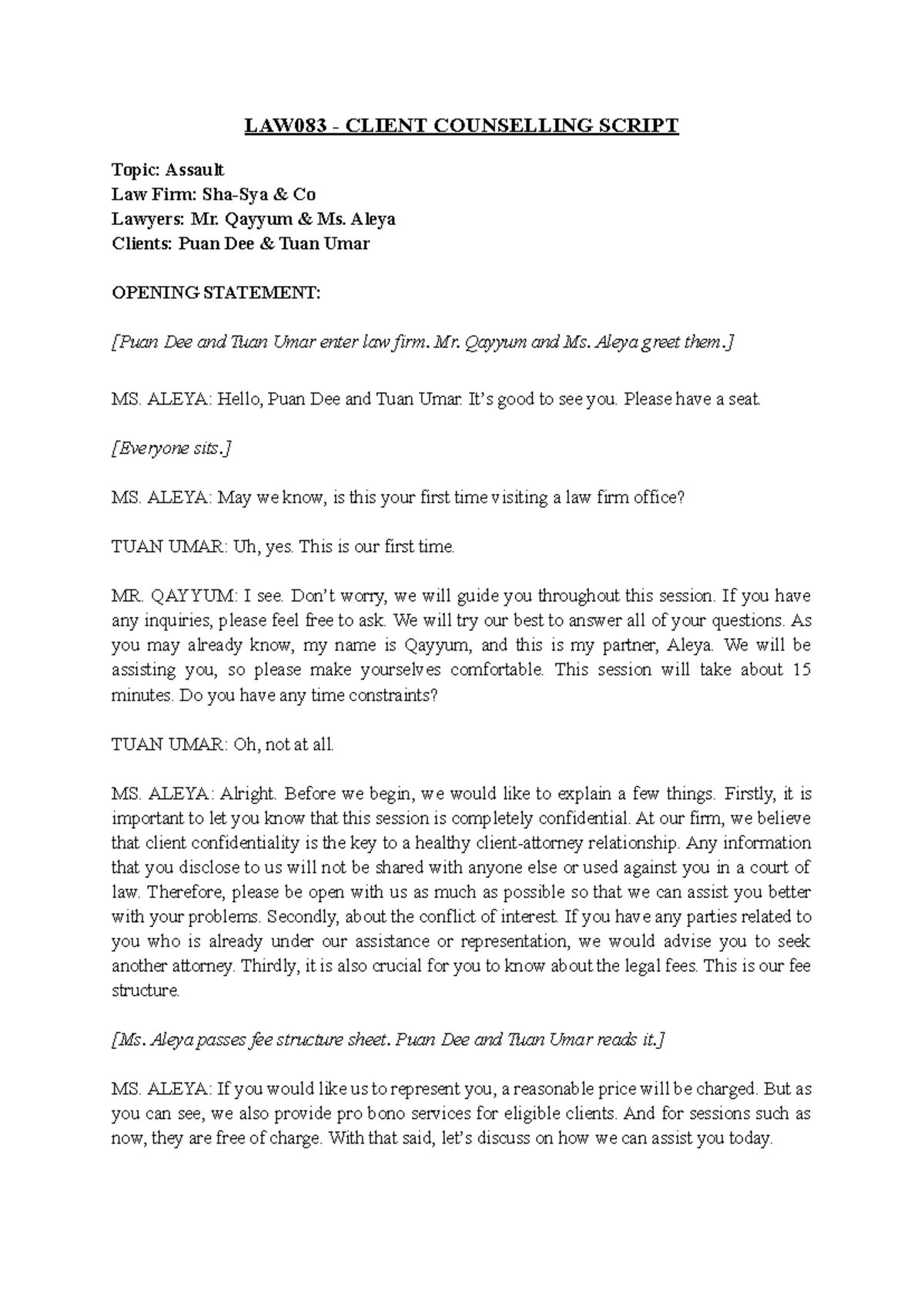 Client Counselling - Updated - LAW083 - CLIENT COUNSELLING SCRIPT Topic ...