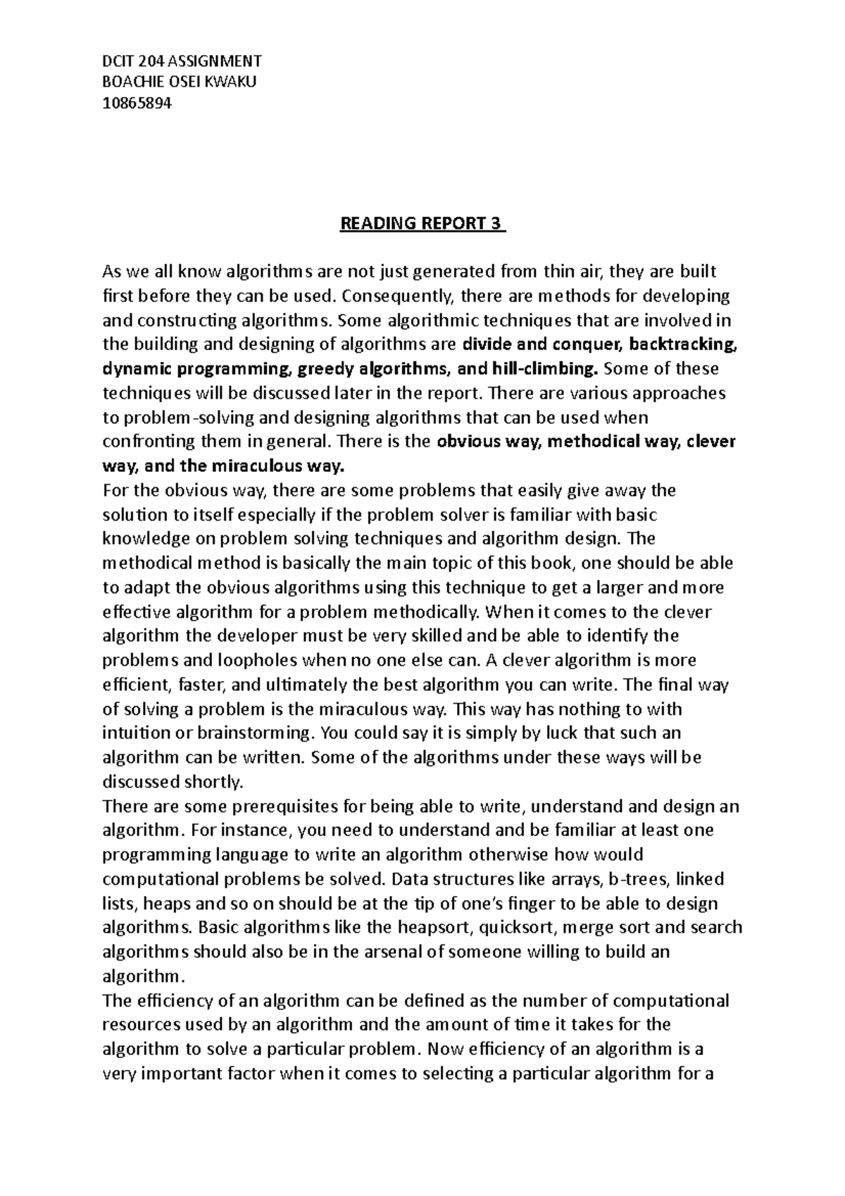 Reading Report 3, 10865894 - DCIT 204 ASSIGNMENT BOACHIE OSEI KWAKU 10865894 READING REPORT 3 As ...