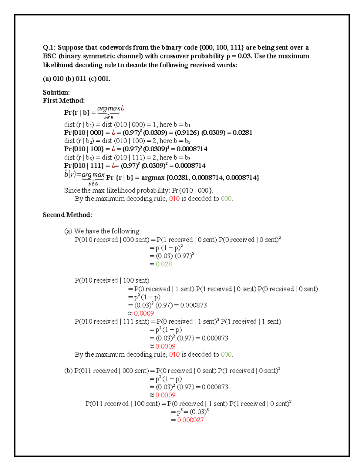 Solution Assignment 1 Q Suppose That Codewords From The Binary Code 000 100 111 Are Being