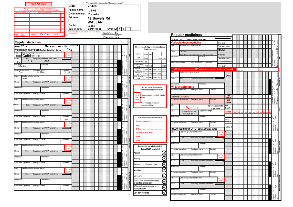 Med Chart -Jake Roberts -Ceftriaxone - Print your name Frequency and ...