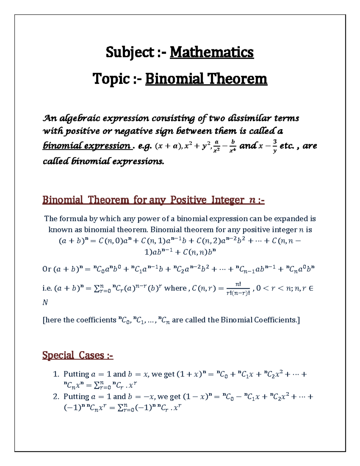 Binomial theorem-class notes - Mathematics honours - Calcutta ...