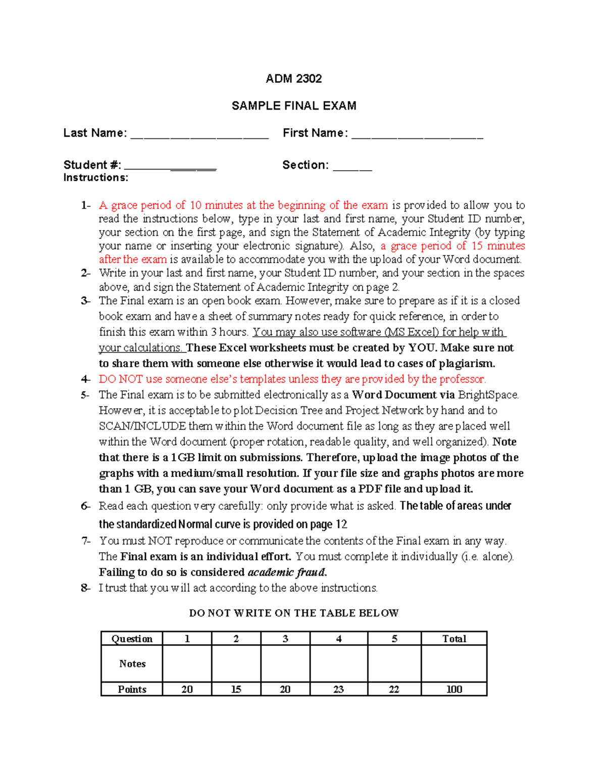 1. Sample Final Exam - ADM 2302 SAMPLE FINAL EXAM Last Name: _____________________ First Name ...