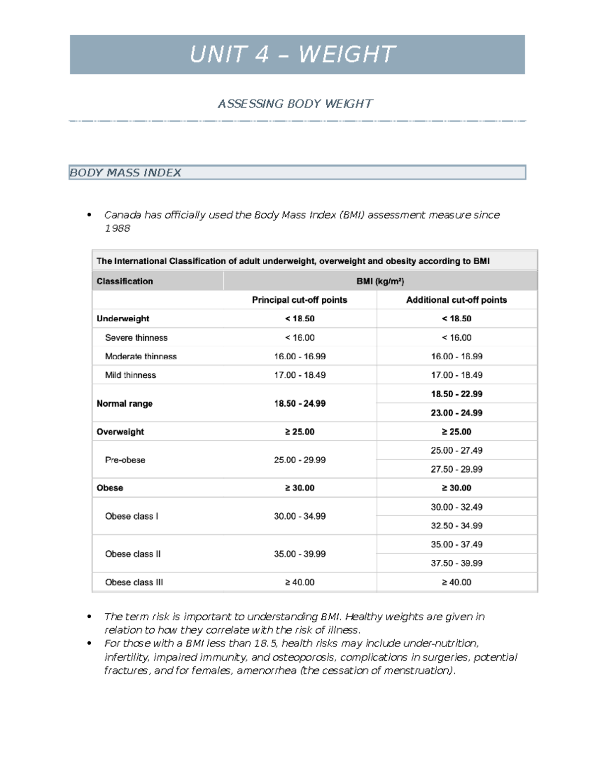 Unit 4 Study Notes - UNIT 4 – WEIGHT ASSESSING BODY WEIGHT BODY MASS ...