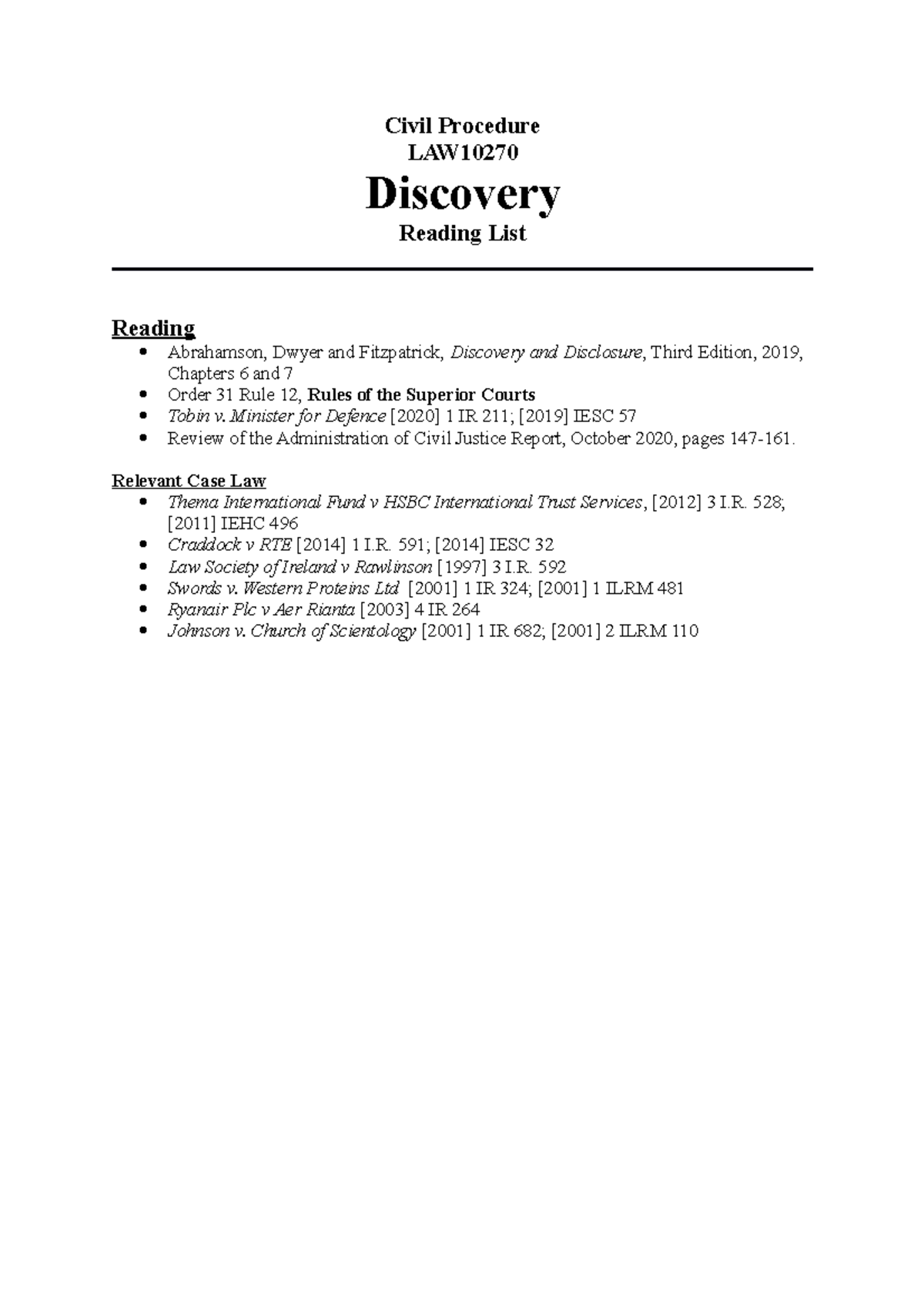 Discovery - Reading List - Civil Procedure LAW Discovery Reading List ...