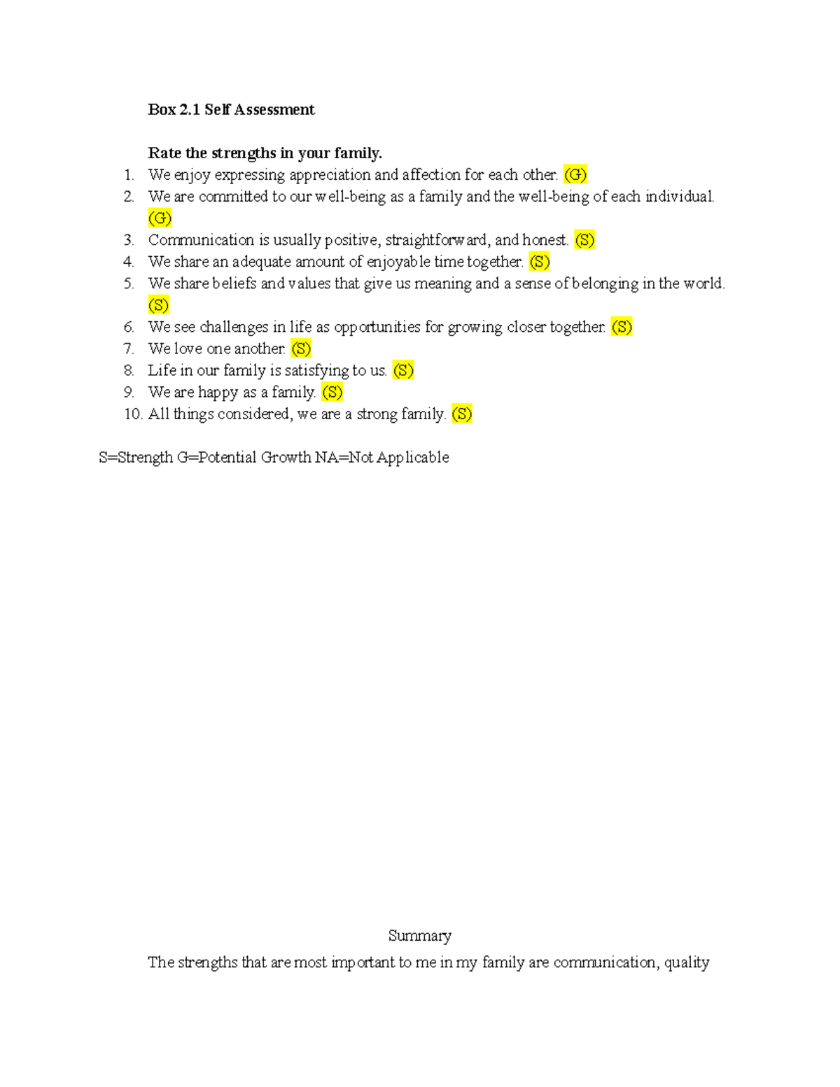 Strengths in Your Family - Box 2 Self Assessment Rate the strengths in ...