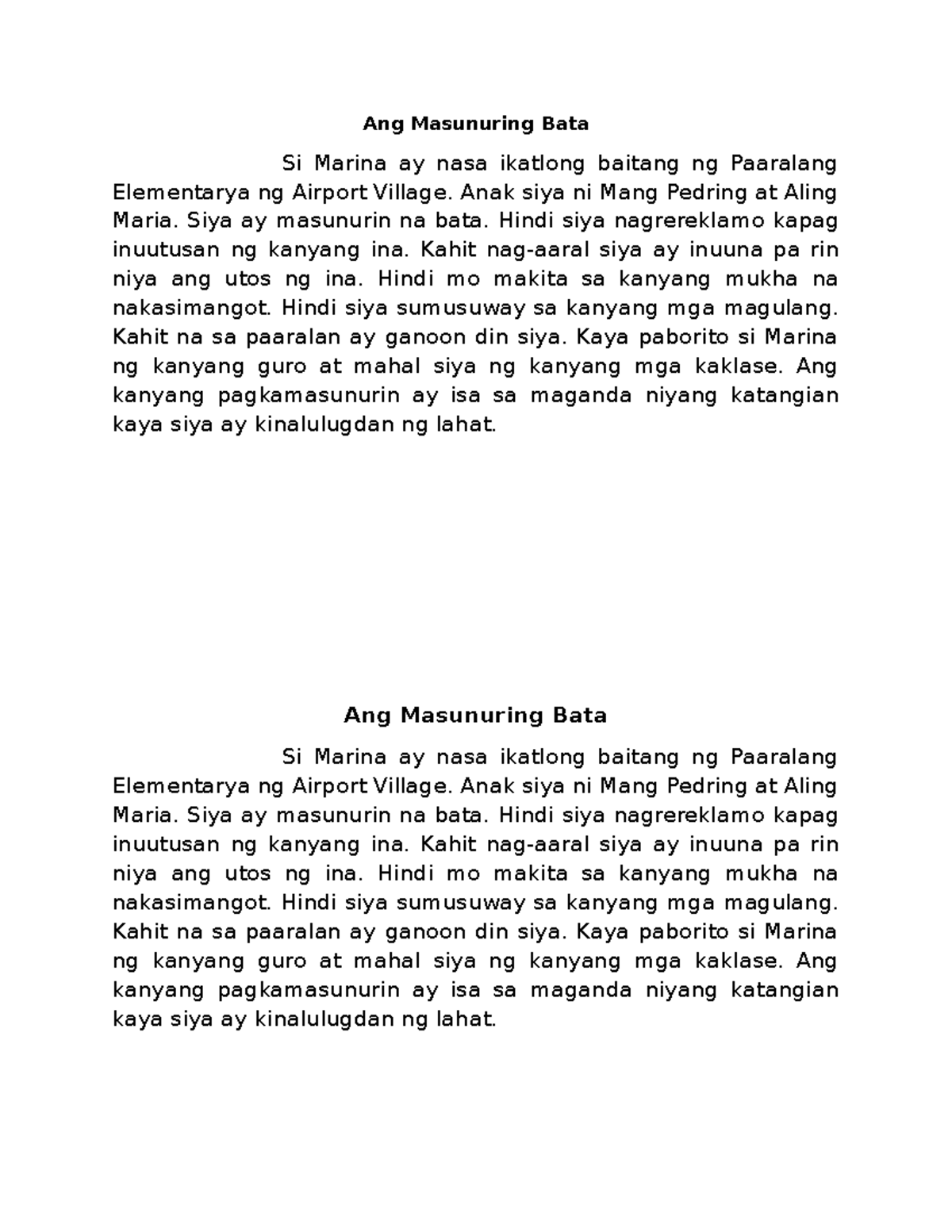 Grade 3 - Ang Masunuring Bata Si Marina ay nasa ikatlong baitang ng ...