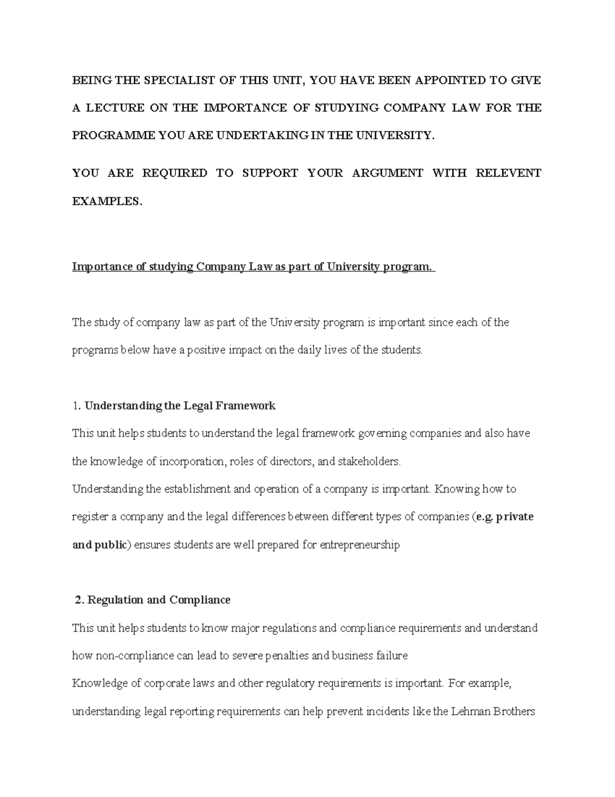 Assignment; Company LAW - BEING THE SPECIALIST OF THIS UNIT, YOU HAVE ...