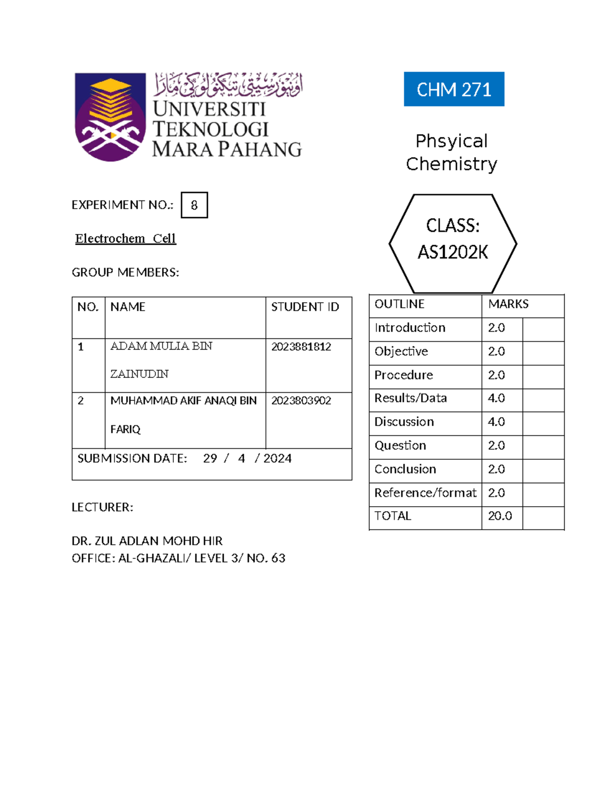 Lab exp 8 .CHM 271 - example - EXPERIMENT NO.: Electrochem Cell GROUP ...