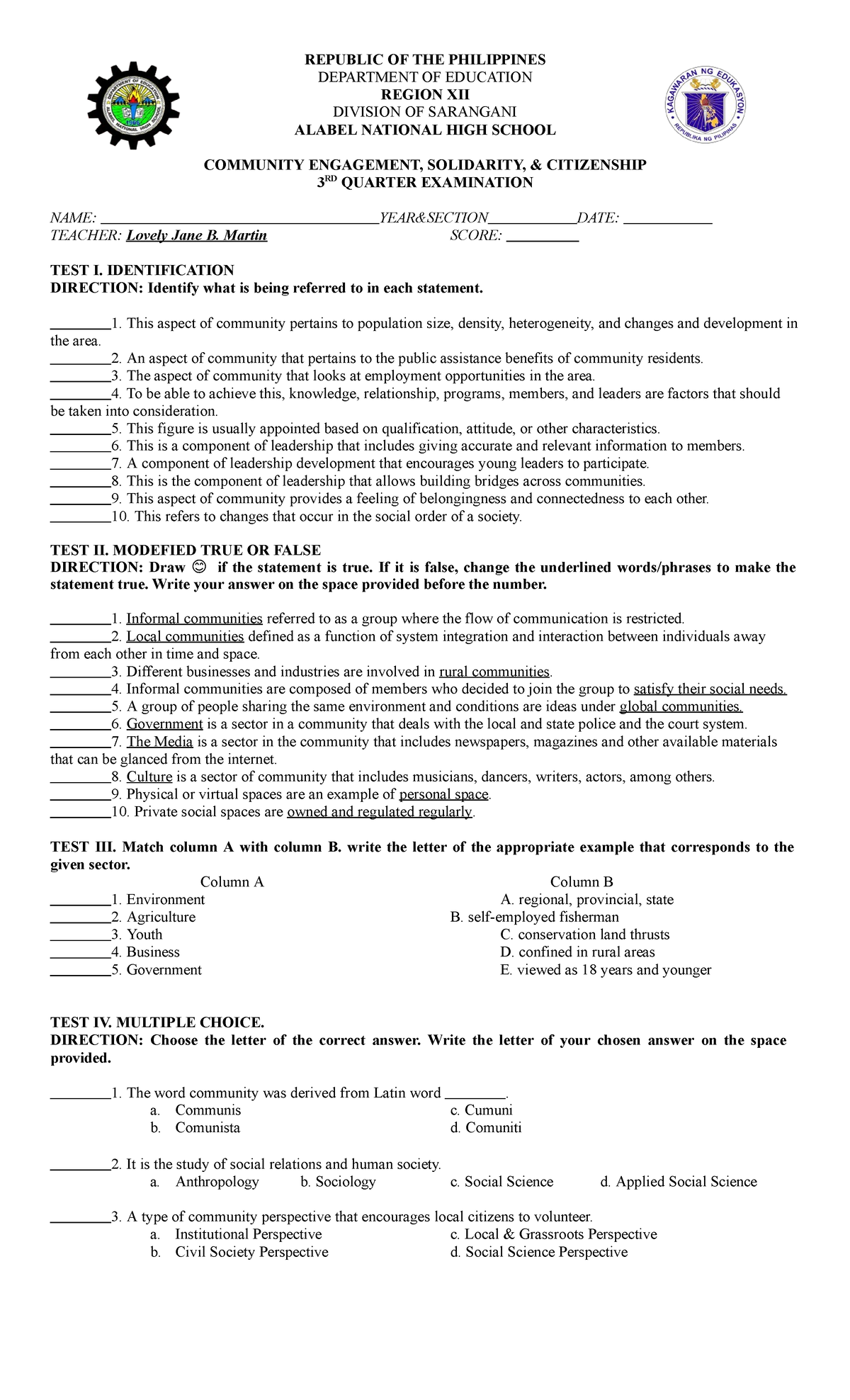 Exam In Community Engagement Solidarity Amp Citizenship Republic Of
