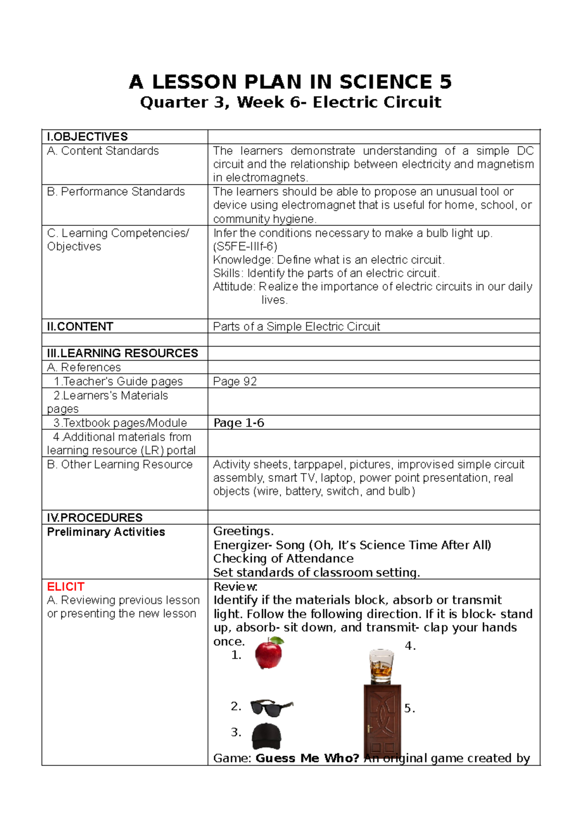 A Lesson PLAN IN Science 5 Salvana - A LESSON PLAN IN SCIENCE 5 Quarter ...