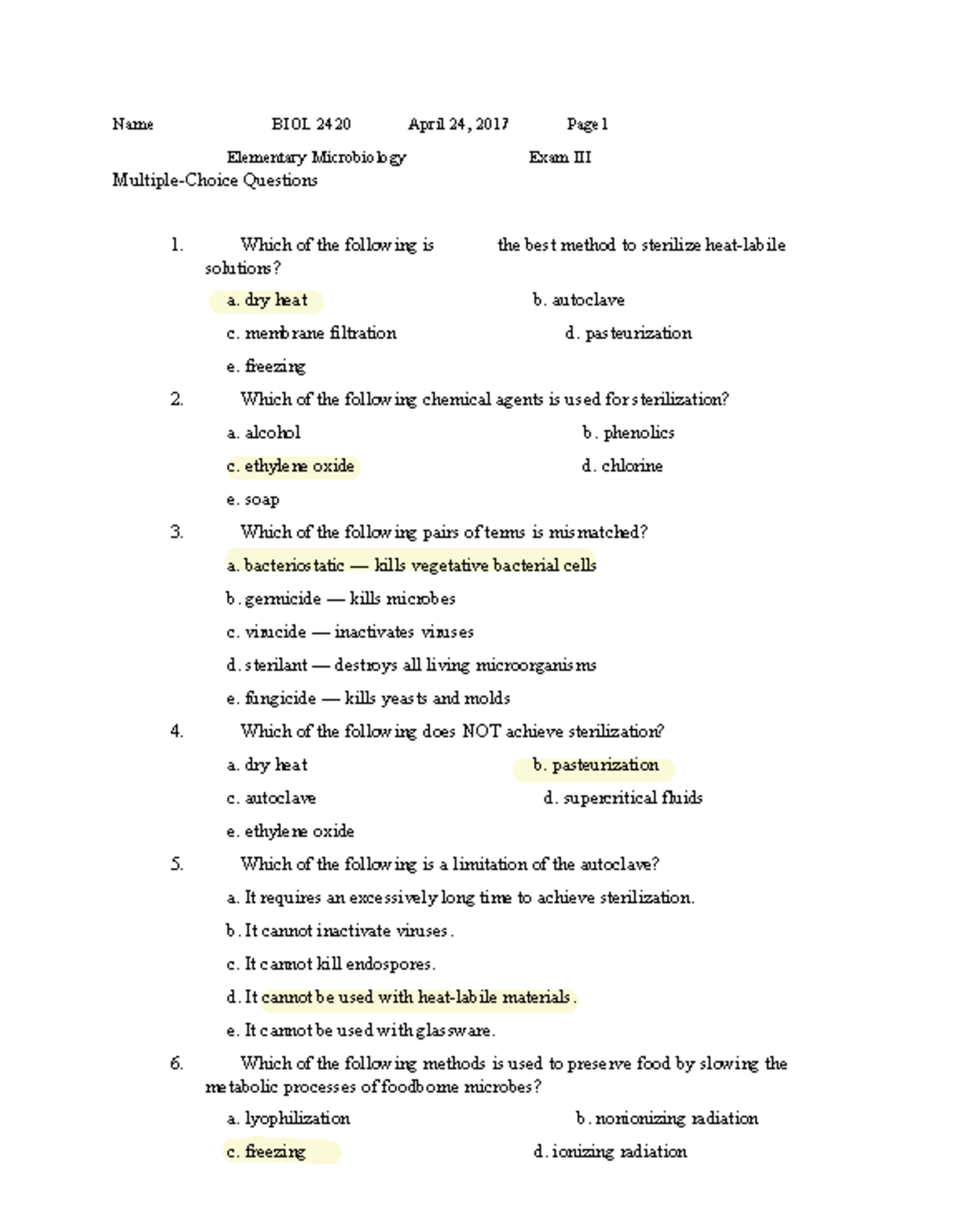 Exam 3 Answer Key Practice Questions - Name BIOL 2420 April 24, 2017 ...