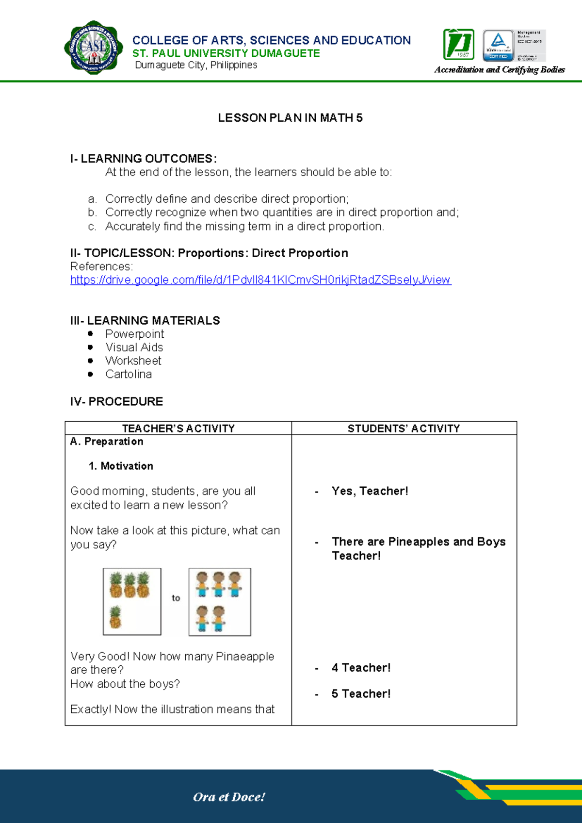 Lesson PLAN IN MATH 5.4 - Accreditation and Certifying Bodies ST. PAUL ...